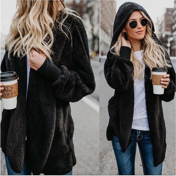 Jackets & Coats | Black Soft Cozy Comfy Pocket Hood Sherpa Jacket Teddy ...